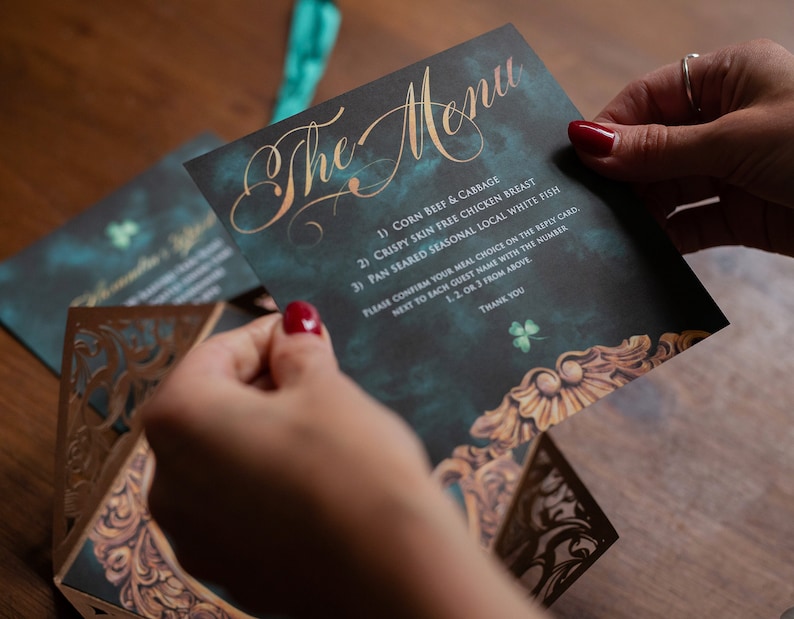 Laser Cut Irish Wedding Invitation | Bronze Shimmer, Green Bow - Etsy