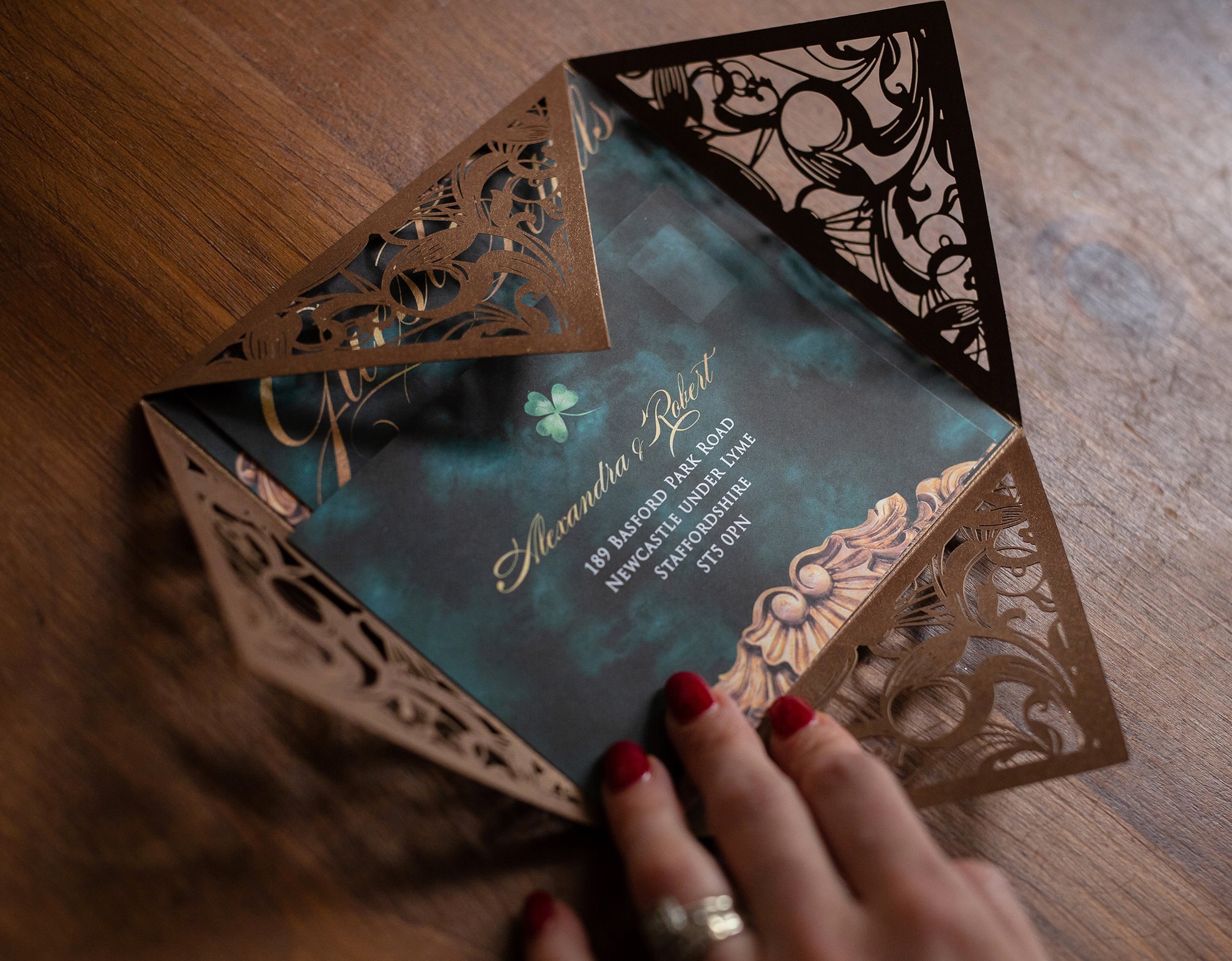 Laser Cut Irish Wedding Invitation | Bronze Shimmer, Green Bow - Etsy