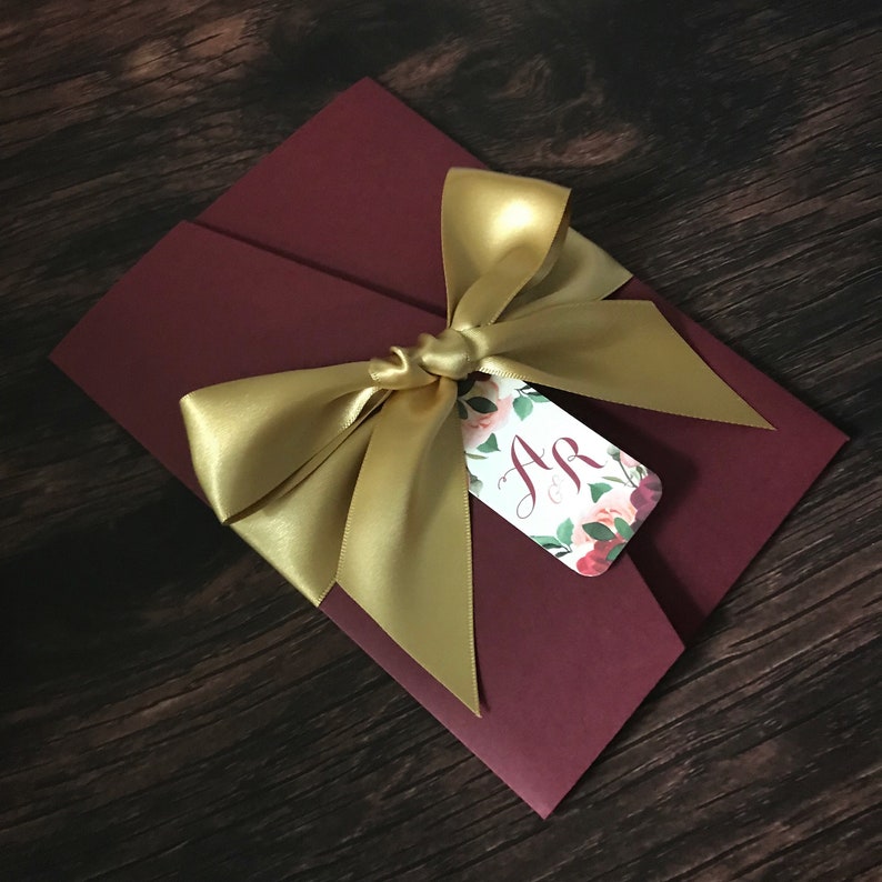 Burgundy Floral Wedding Invitation, Gold Bow, Rustic Fall Invite - Etsy