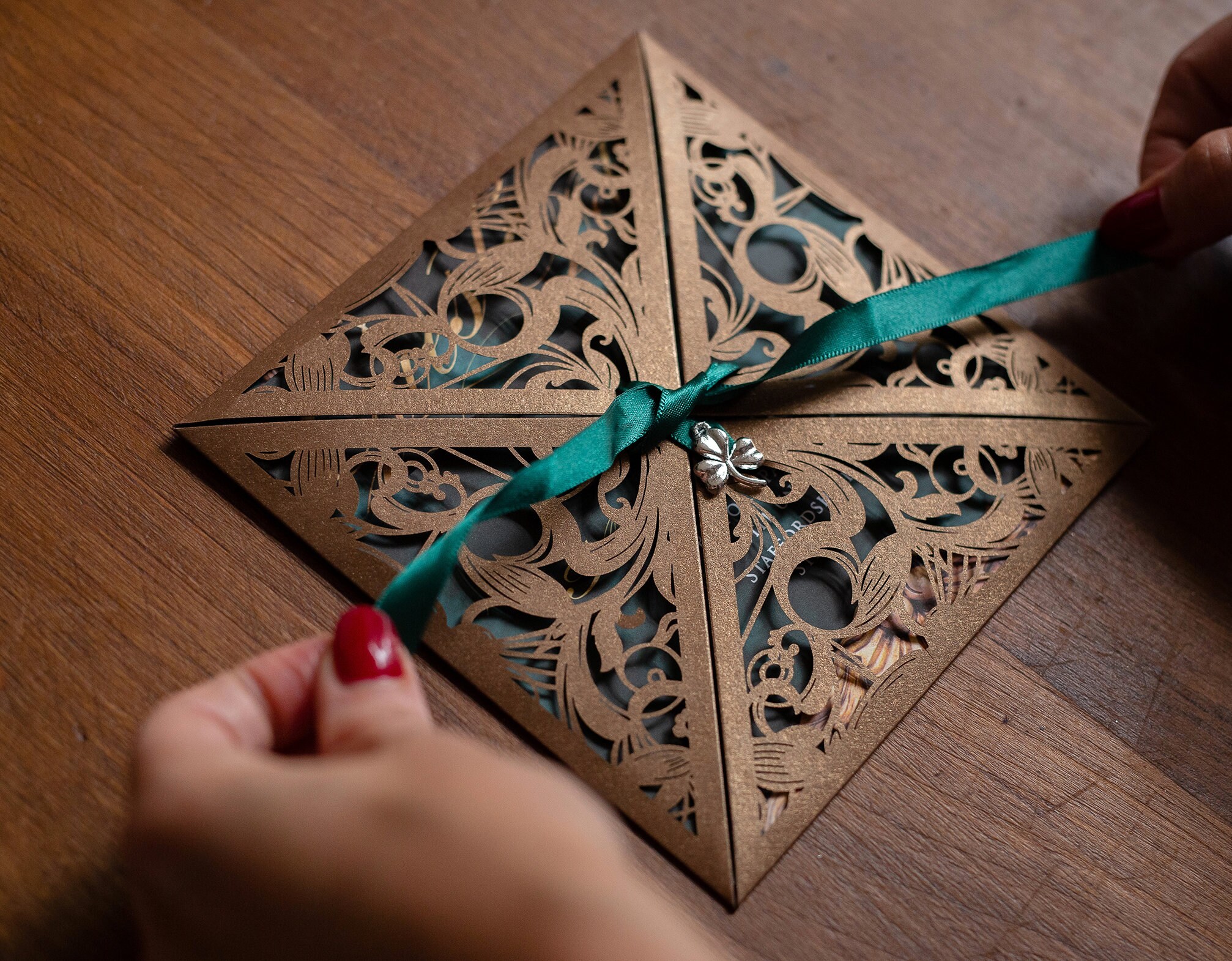 Laser Cut Irish Wedding Invitation | Bronze Shimmer, Green Bow - Etsy
