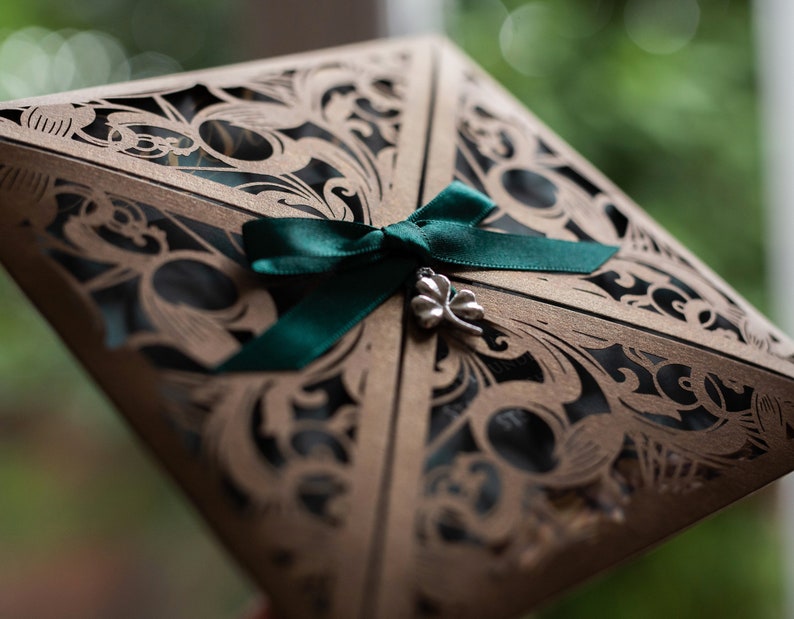 Laser Cut Irish Wedding Invitation | Bronze Shimmer, Green Bow - Etsy