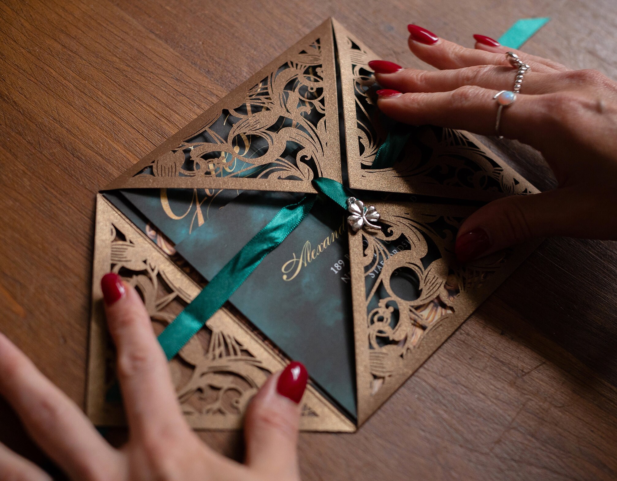 Laser Cut Irish Wedding Invitation | Bronze Shimmer, Green Bow - Etsy