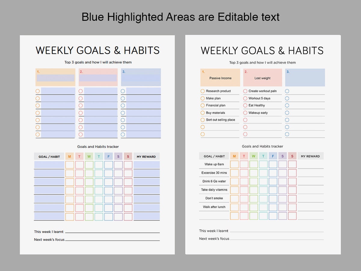 Weekly Goals & Habits - Fillable PDF - Etsy