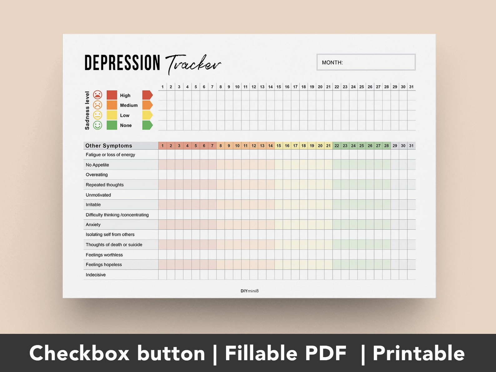 Monthly Depression Tracker | Printable | Editable Fillable PDF ...