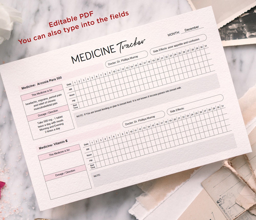 Monthly Medicine Tracker Editable Pdf Instant Download Printable