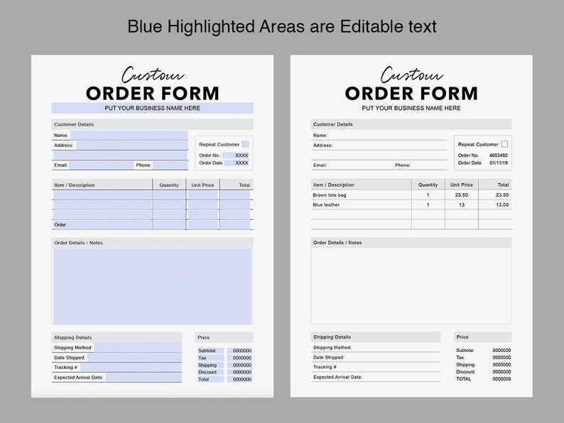 Custom Order Form Editable Fillable PDF Template Printable A4 & Letter ...