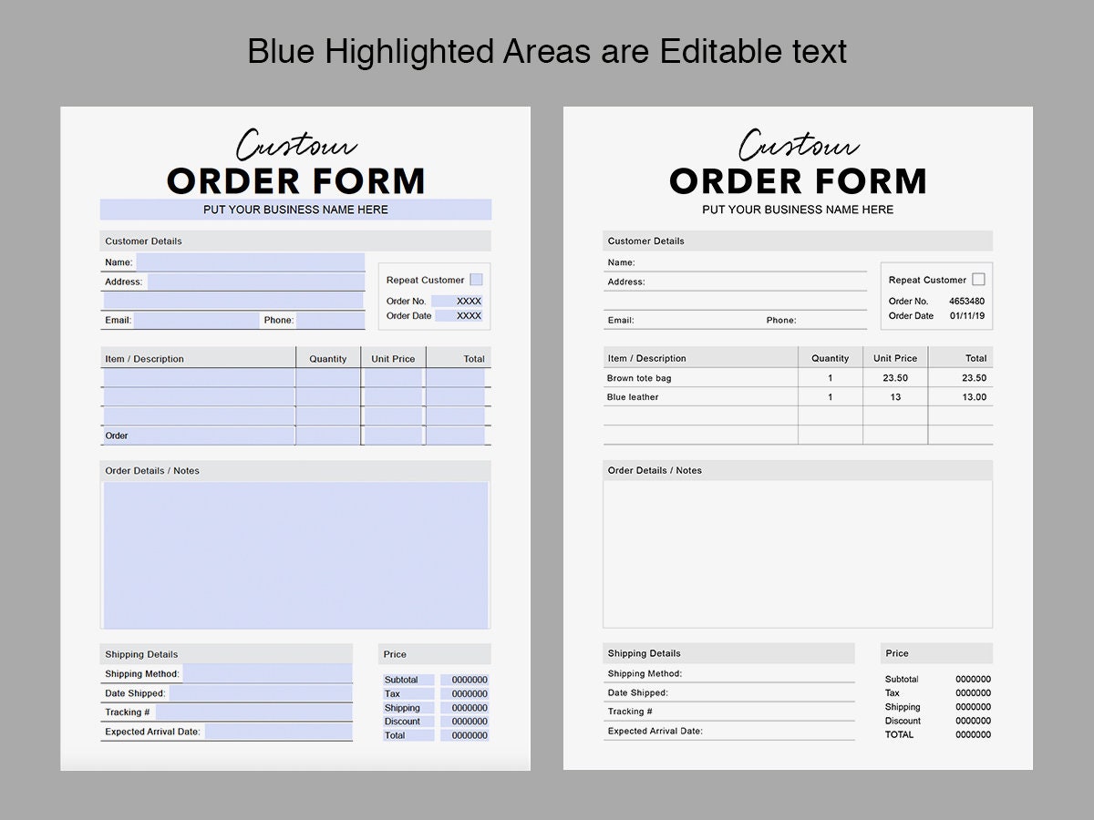 Custom Order Form Editable Fillable PDF Template Printable A4 & Letter ...