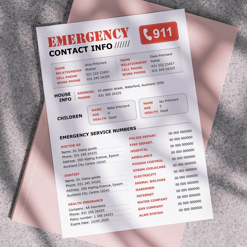 Emergency Info - Editable PDF Template - Etsy