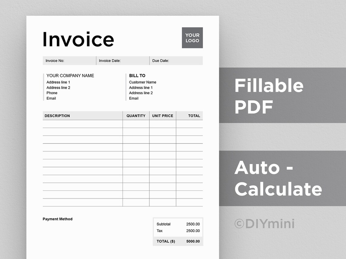 Invoice Template | Editable | Fillable PDF Template | Auto Calculate ...