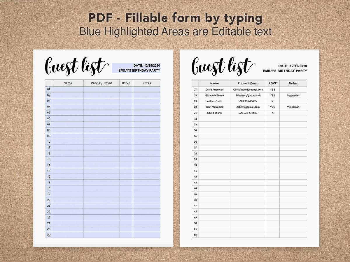 Editable Guest List Planner | Guest List Tracker | RSVP Tracker | Party ...