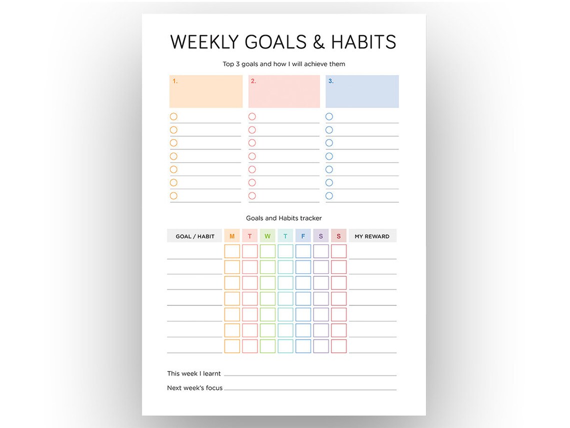 Weekly Goals & Habits - Fillable PDF - Etsy