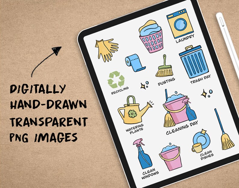 Digital Planner Stickers Hand-drawn House Cleaning Set PNG Household ...