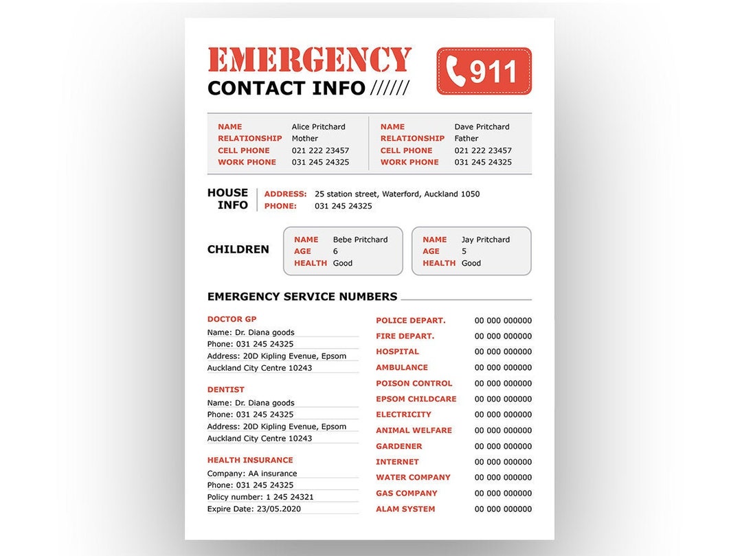 Emergency Info - Editable PDF Template - Etsy