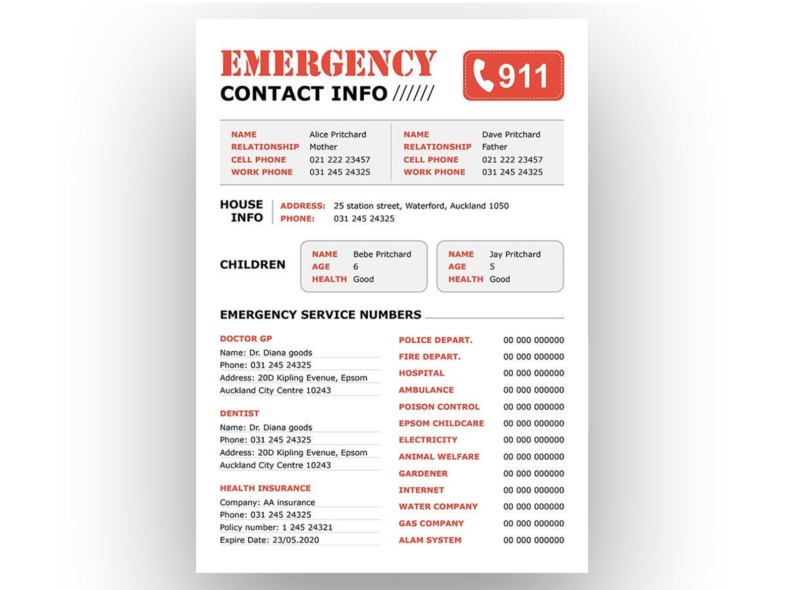 Emergency Info - Editable PDF Template - Etsy
