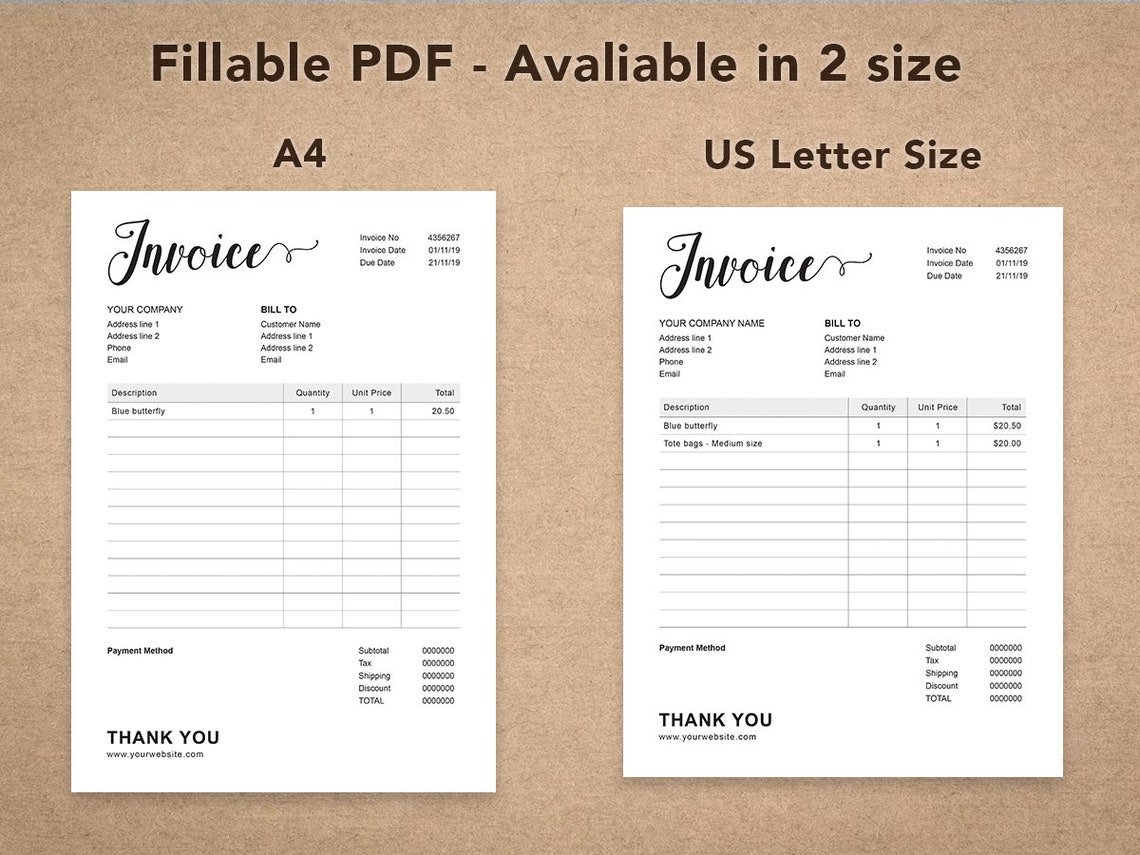 Invoice Editable Fillable PDF Template A4 & US Letter Size - Etsy