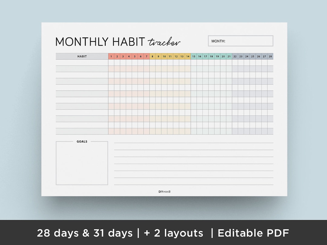 Monthly Habit Tracker Printable | Editable PDF | Routine Tracking ...
