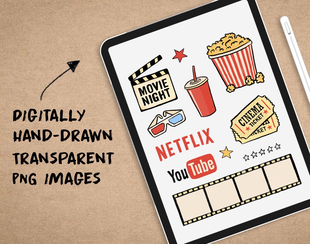 Digital Planner Stickers Hand-drawn Movie Set PNG Clipart - Etsy