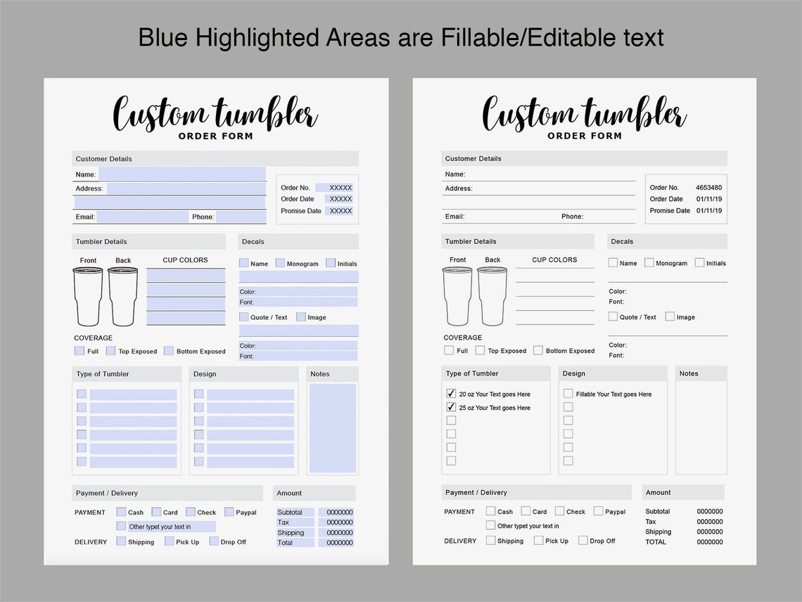Custom Tumbler Order Form Fillable Editable PDF Template Instant Download - Etsy