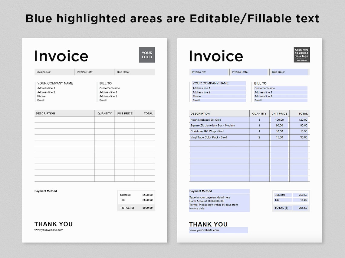 Invoice Template | Editable | Fillable PDF Template | Auto Calculate ...