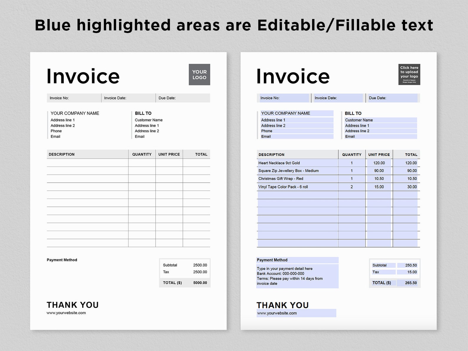 Invoice Template | Editable | Fillable PDF Template | Auto Calculate ...