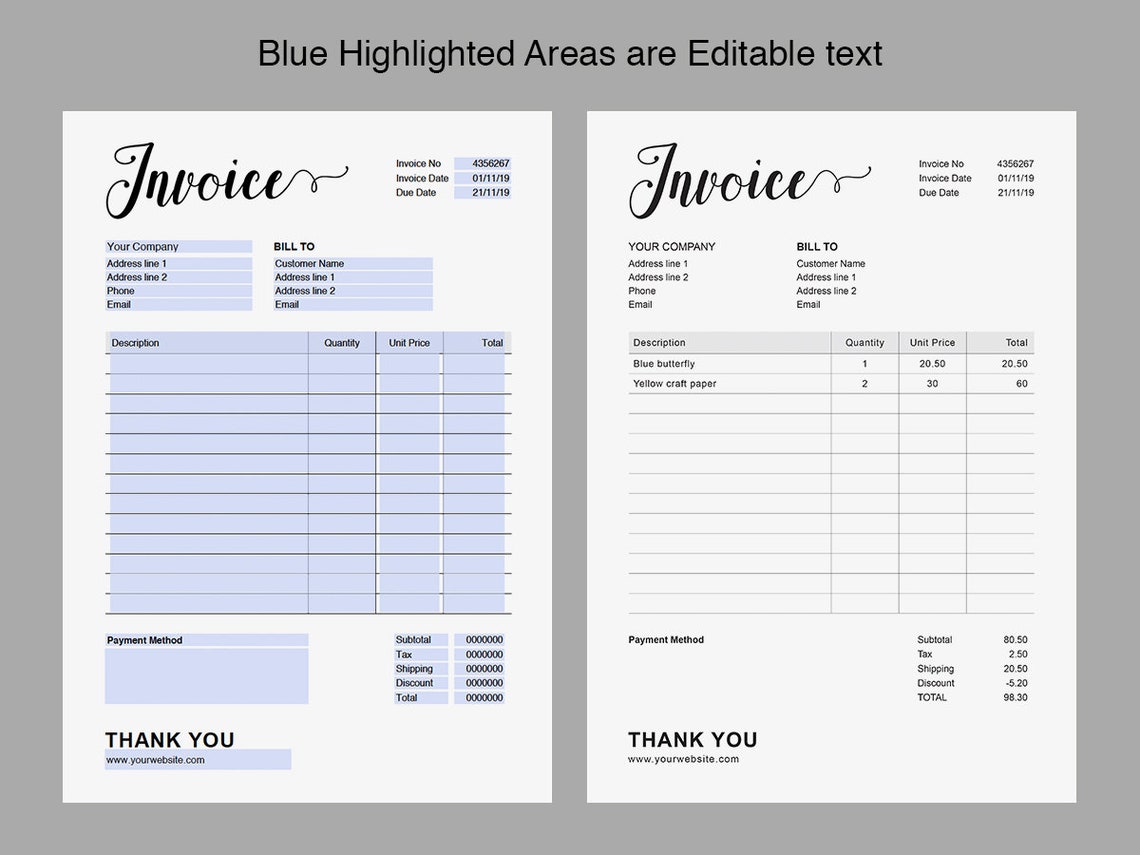 Invoice Editable Fillable PDF Template A4 & US Letter Size - Etsy