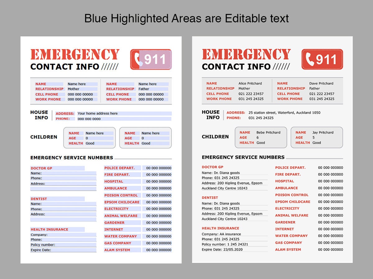 Emergency Info - Editable PDF Template - Etsy