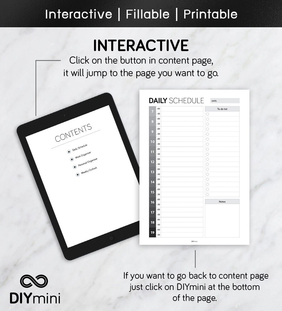 Daily Planner Interactive Fillable PDF Printable Organiser - Etsy