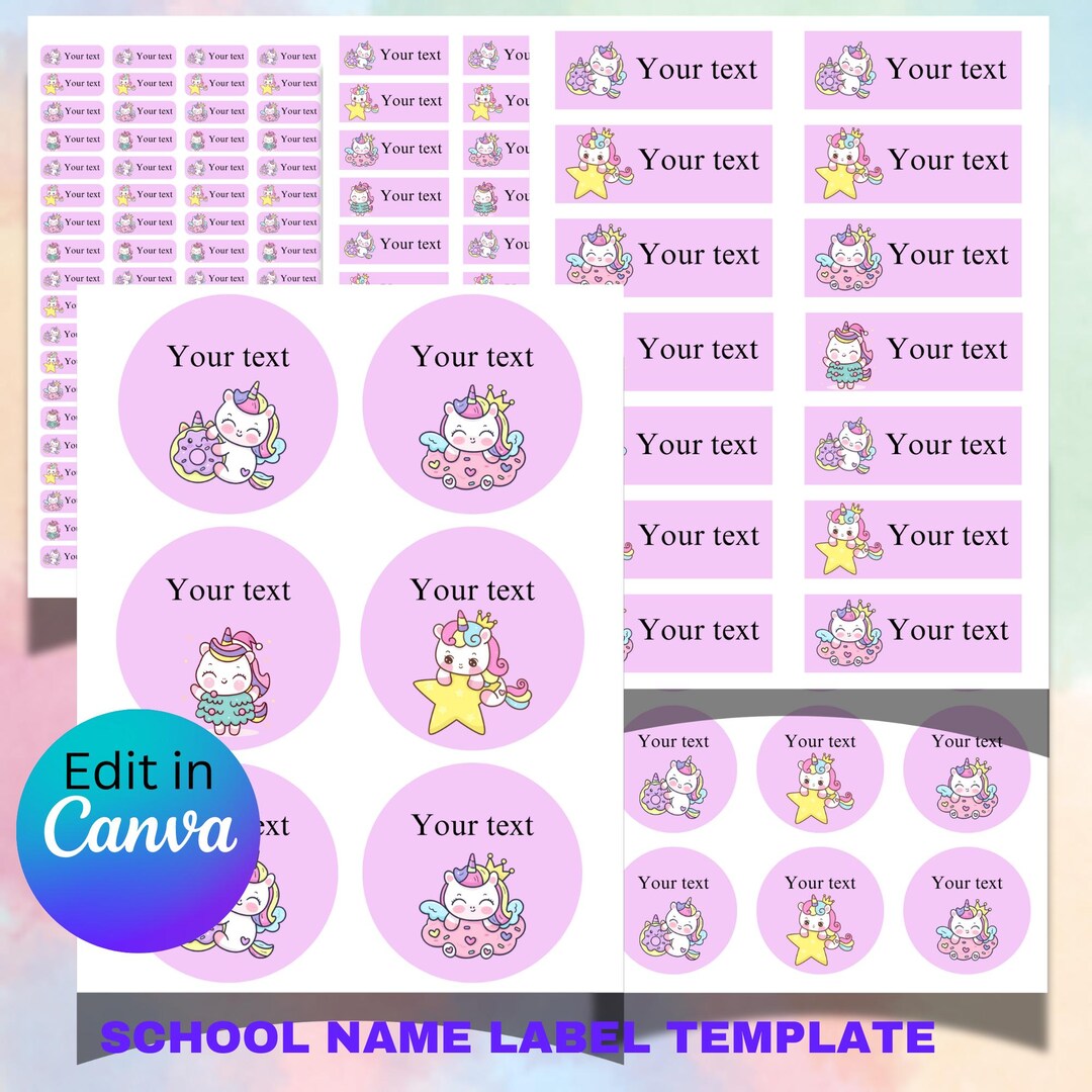 Unicorn Canva Editable Template for School Name Labels, and Name ...