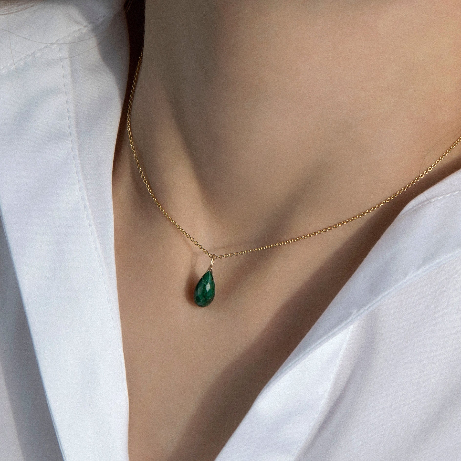 Genuine Emerald Drop Necklace in Gold Rose or Silver May | Etsy