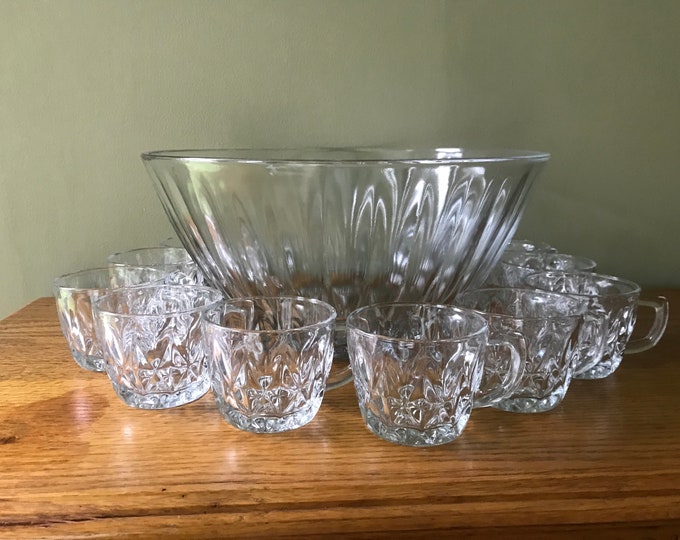 Mid Century Glass Punch Bowl Diamond Pattern With Twelve Cups - Etsy