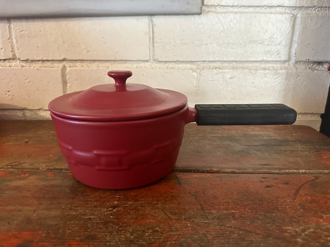 Longaberger Pottery Flameware 6” Sauce Pan Pot Paprika Red Lid Handle ...