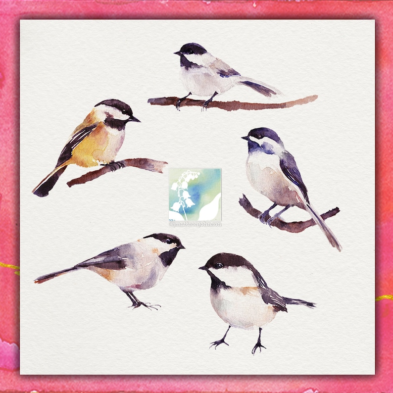 Watercolor Chickadees on a Magnolia Branch Clipart / Bird Clip - Etsy