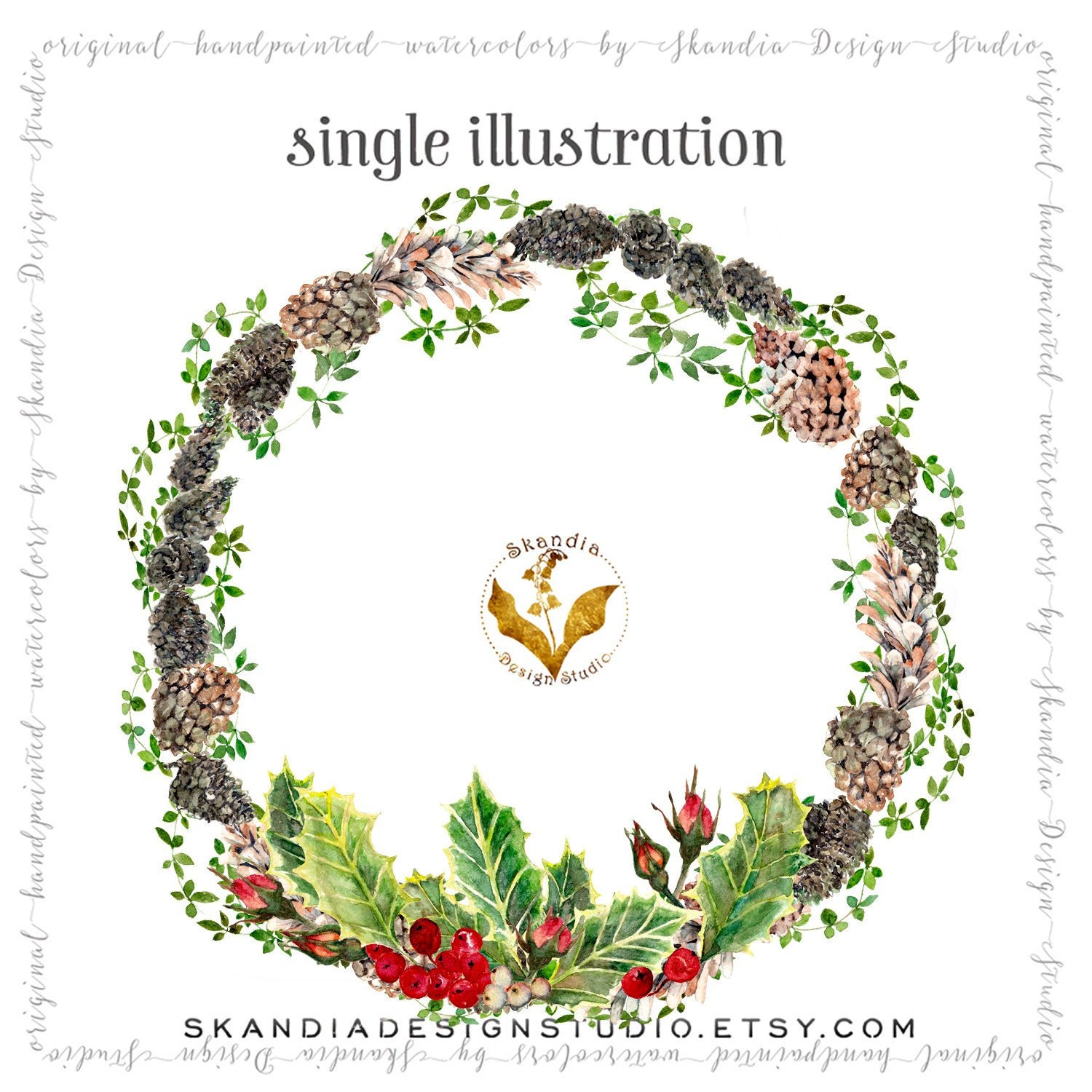 Watercolor Clipart Christmas Wreath Clipart Holly Clipart - Etsy