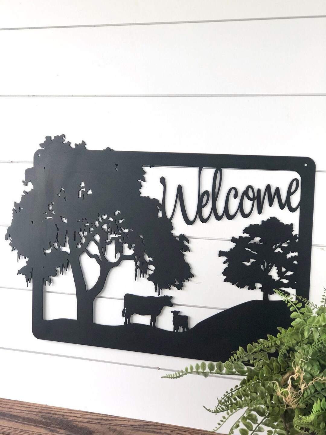 Welcome Farmhouse Metal Sign Oak Trees and Cows Cow Calf Pair Sign ...