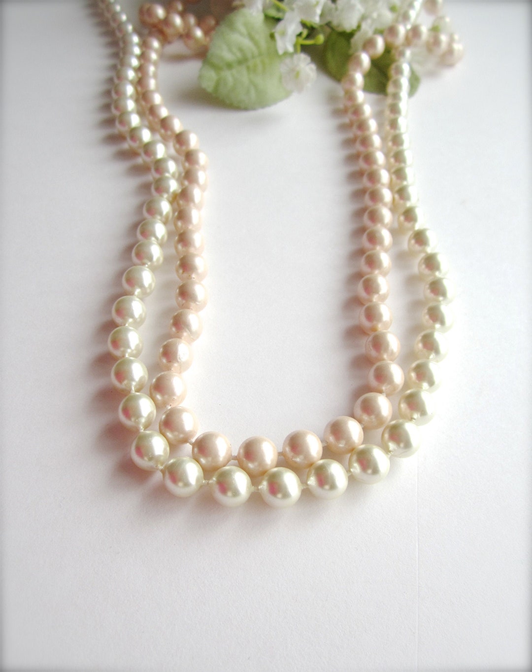 Vintage Two Strand Pearl Necklace, Two Strand Pale Pink and Light Mint ...