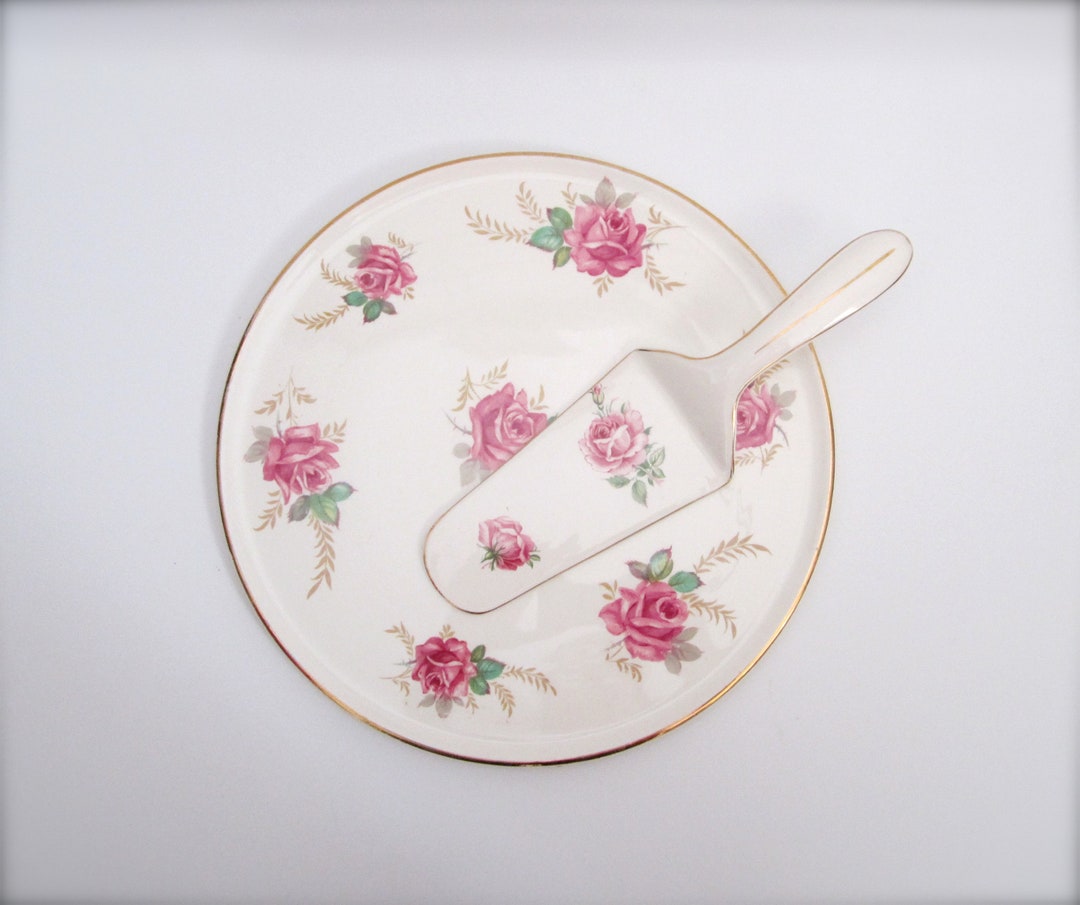 English Cake Plate With Matching Server, Royal Tudor Ware, Pink Roses ...
