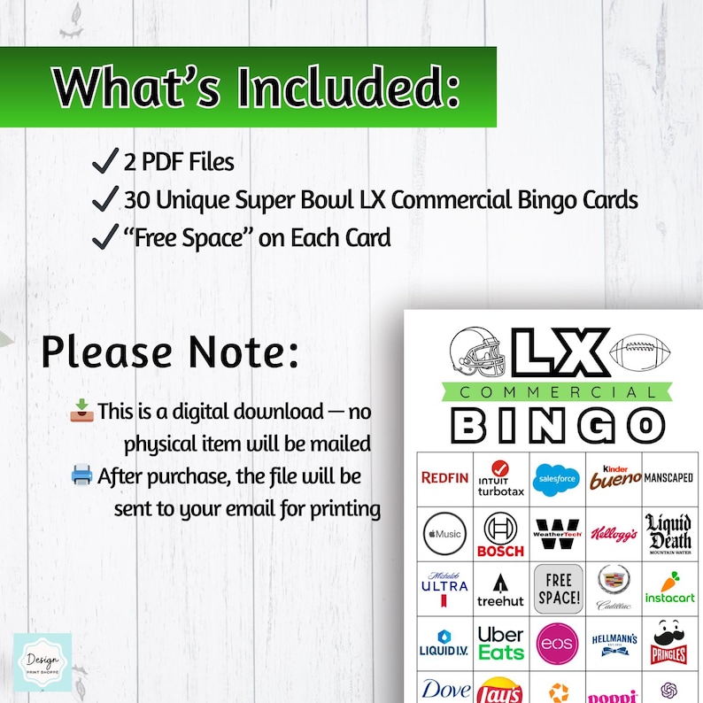 2026 Super Big Bowl Game Commercial Bingo | 30 Cards | LX Football ...