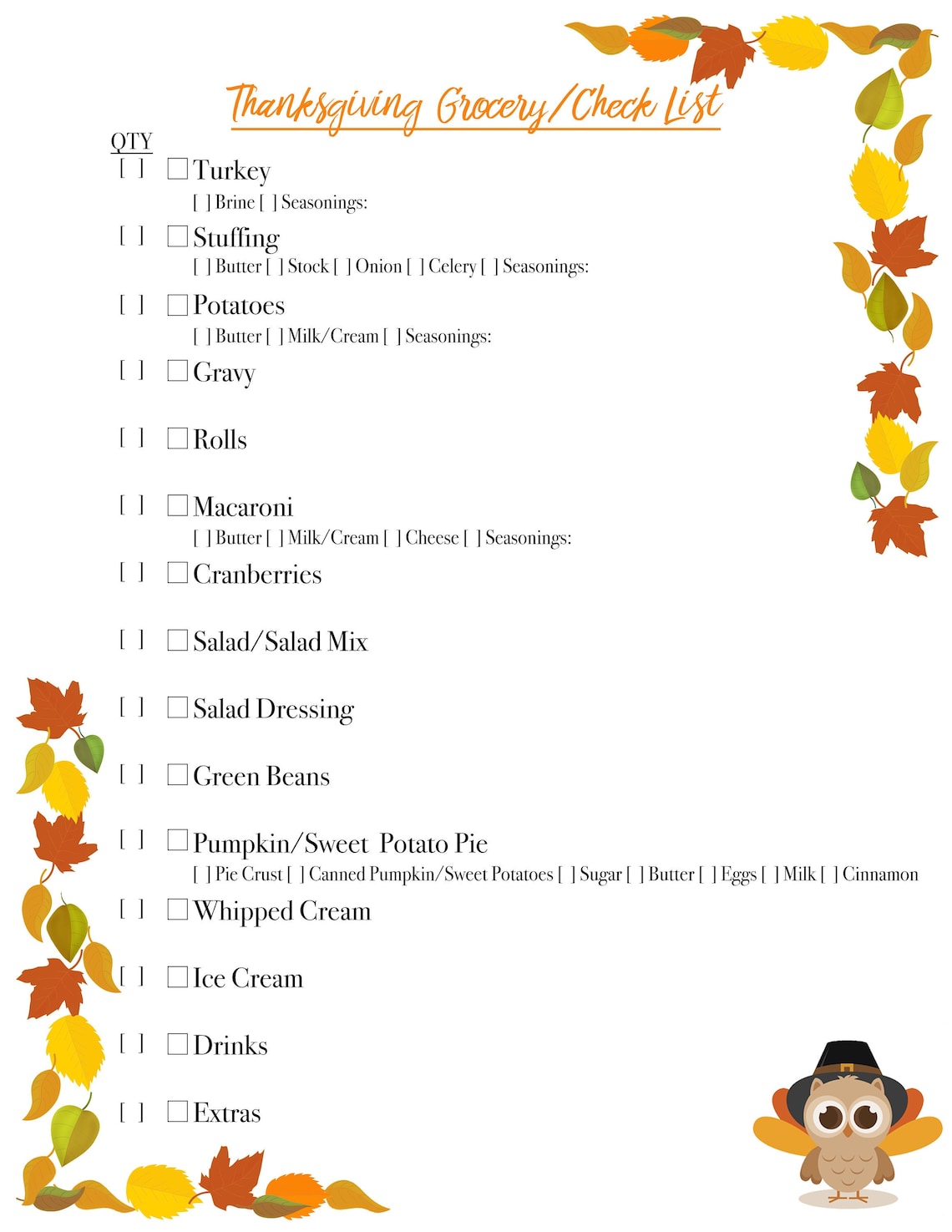 Thanksgiving Grocery List/check List - Etsy