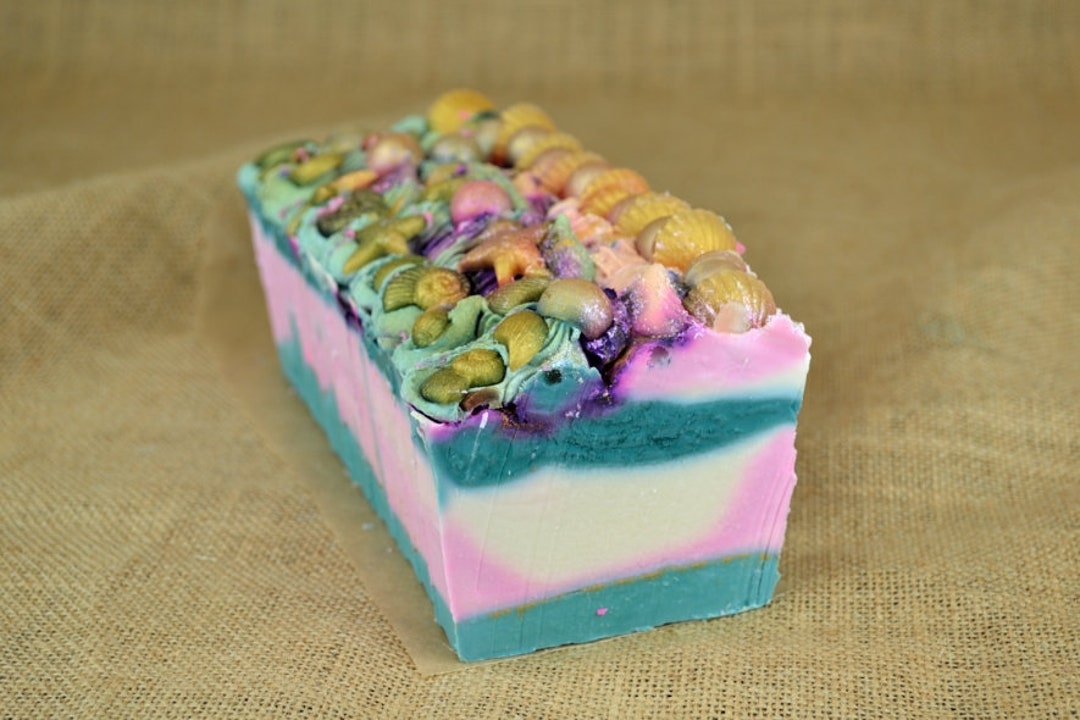 Mermaid Soap Slice: Aqua Blossom Cold Process Soap With Shells - Etsy