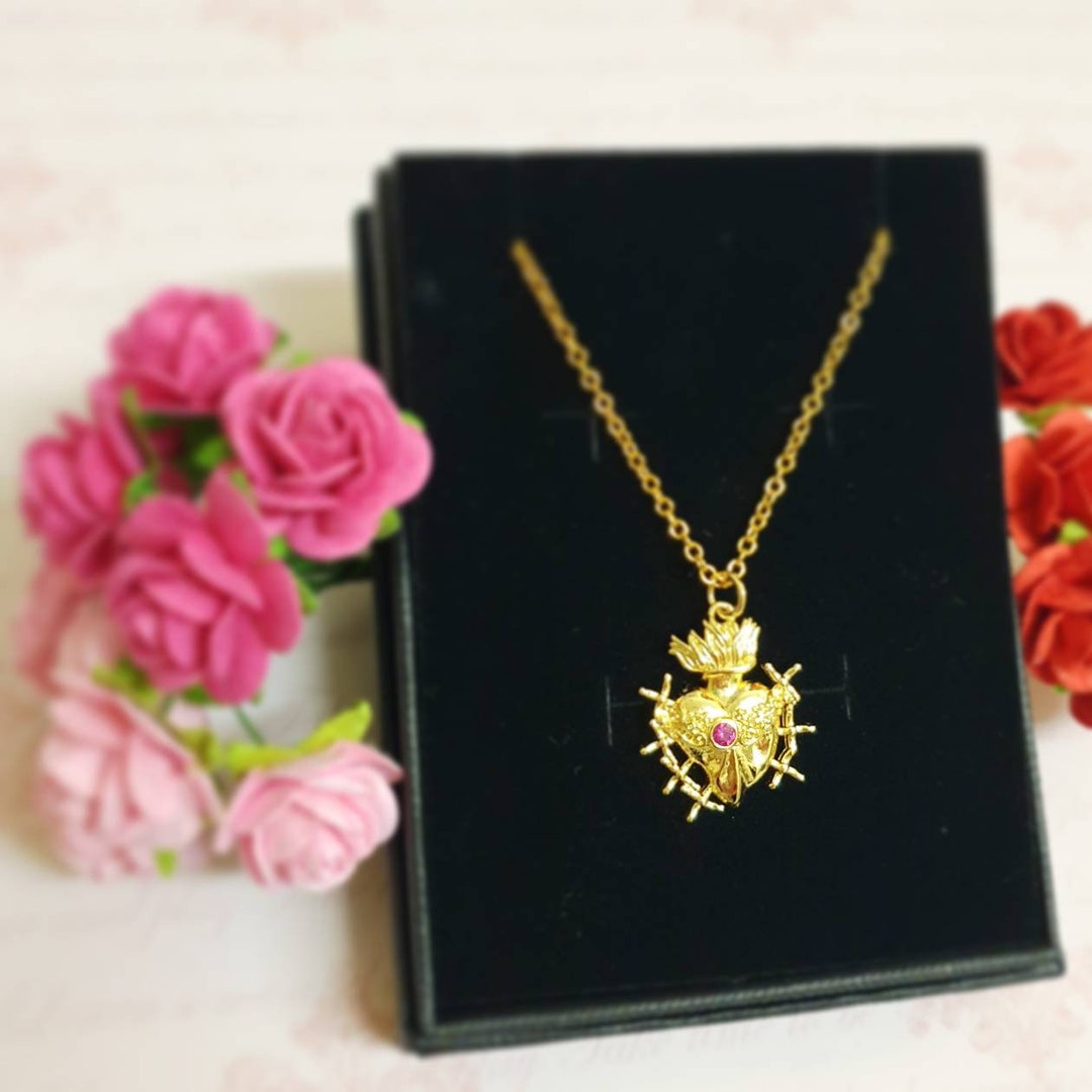 Giftboxed Gold Seven Swords Necklace, Tattoo, Catholic, Flaming Heart ...