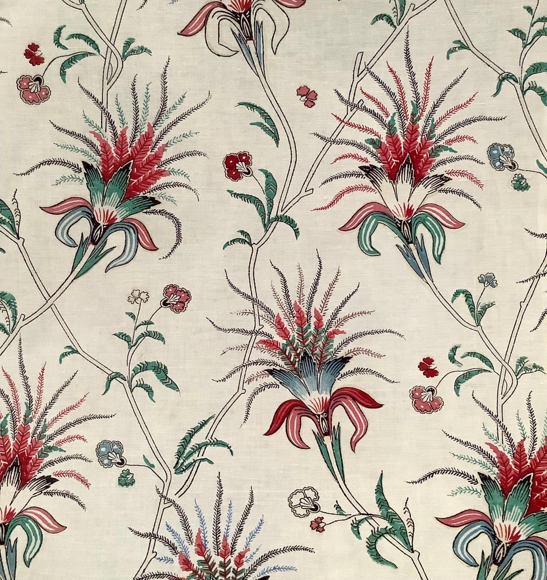 Antique French Fabric Block Printed Cotton 19th Century Stylized Floral ...