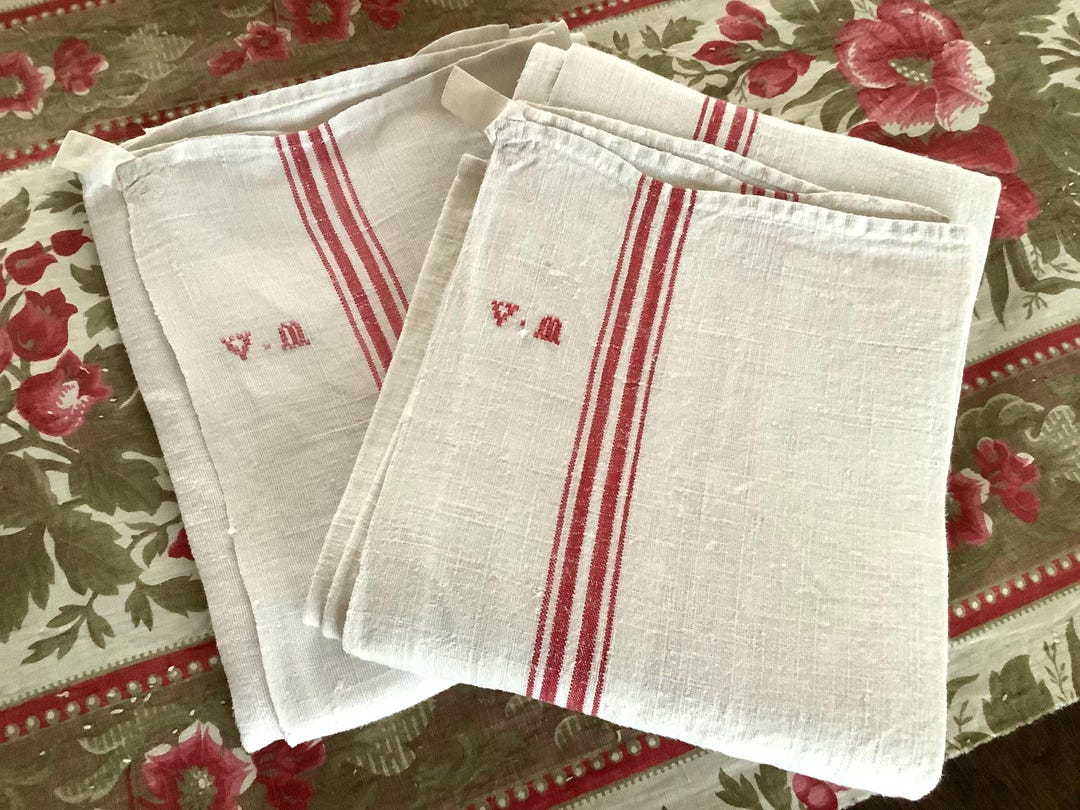 Pair (2) Large Antique French Linen Torchon Tea Kitchen Towel Mono VM ...