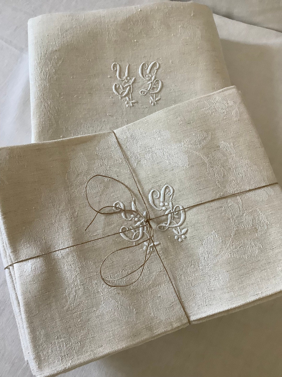 Set Lovely Antique French Damask Linen Tablecloth + 12 Napkins Mono YL ...