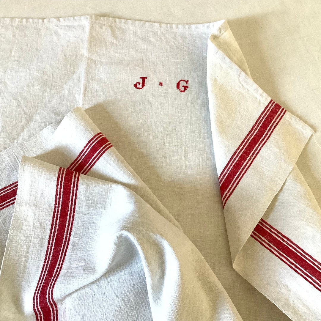 ONE Antique Vintage French Linen Torchon Tea Kitchen Towel Red Stripe ...