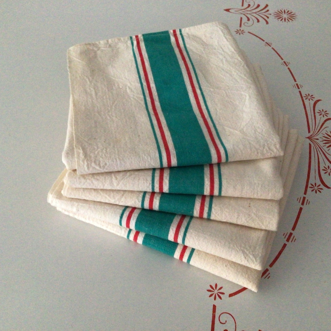 ONE Vintage French Linen Torchon Tea Kitchen Towel Red Green - Etsy