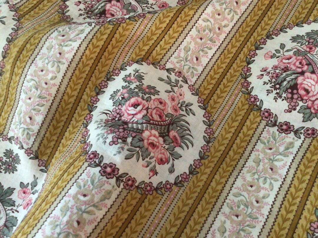 Lovely Antique Vintage French Floral Stripe Fabric Linen - Cotton Roses ...