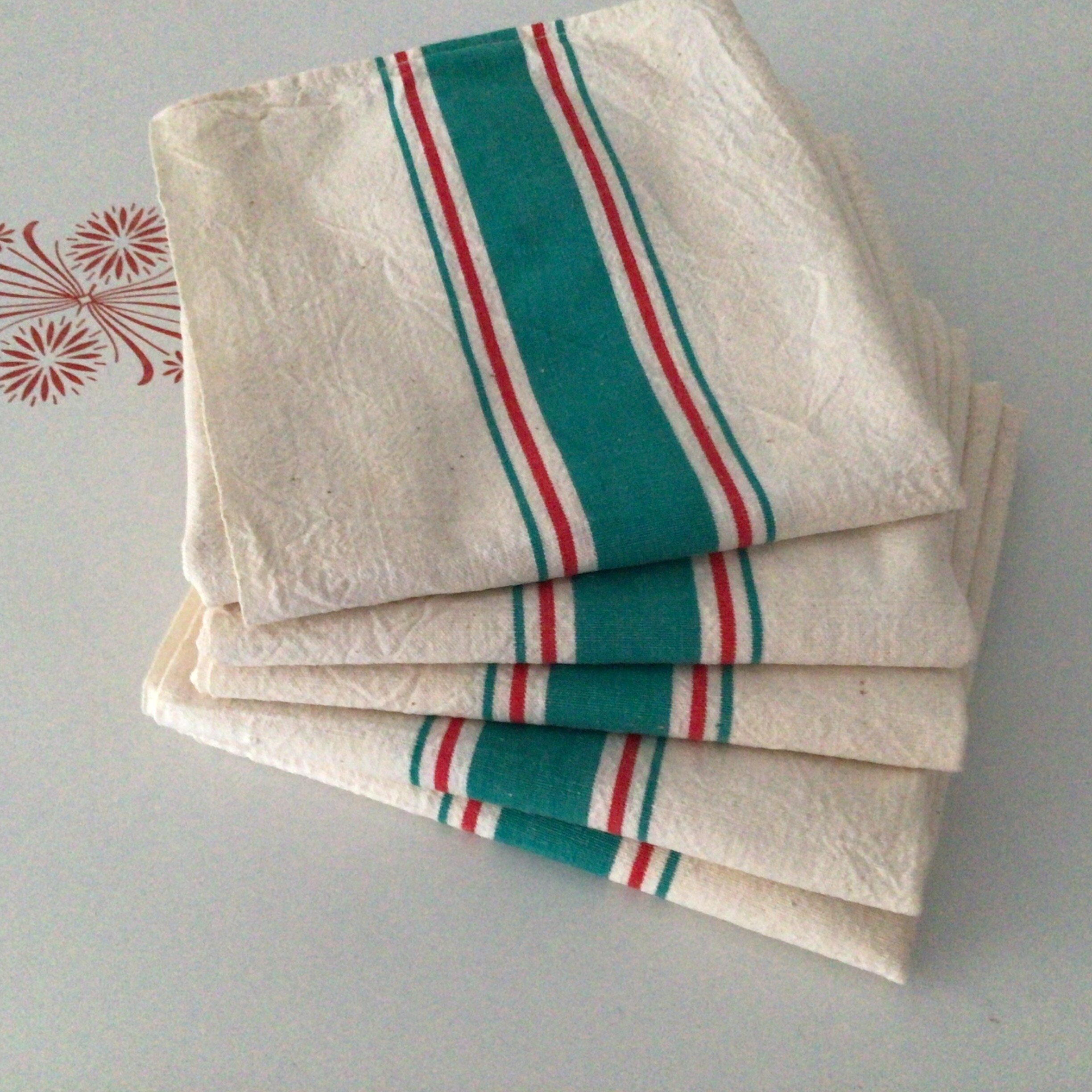 ONE Vintage French Linen Torchon Tea Kitchen Towel Red Green - Etsy