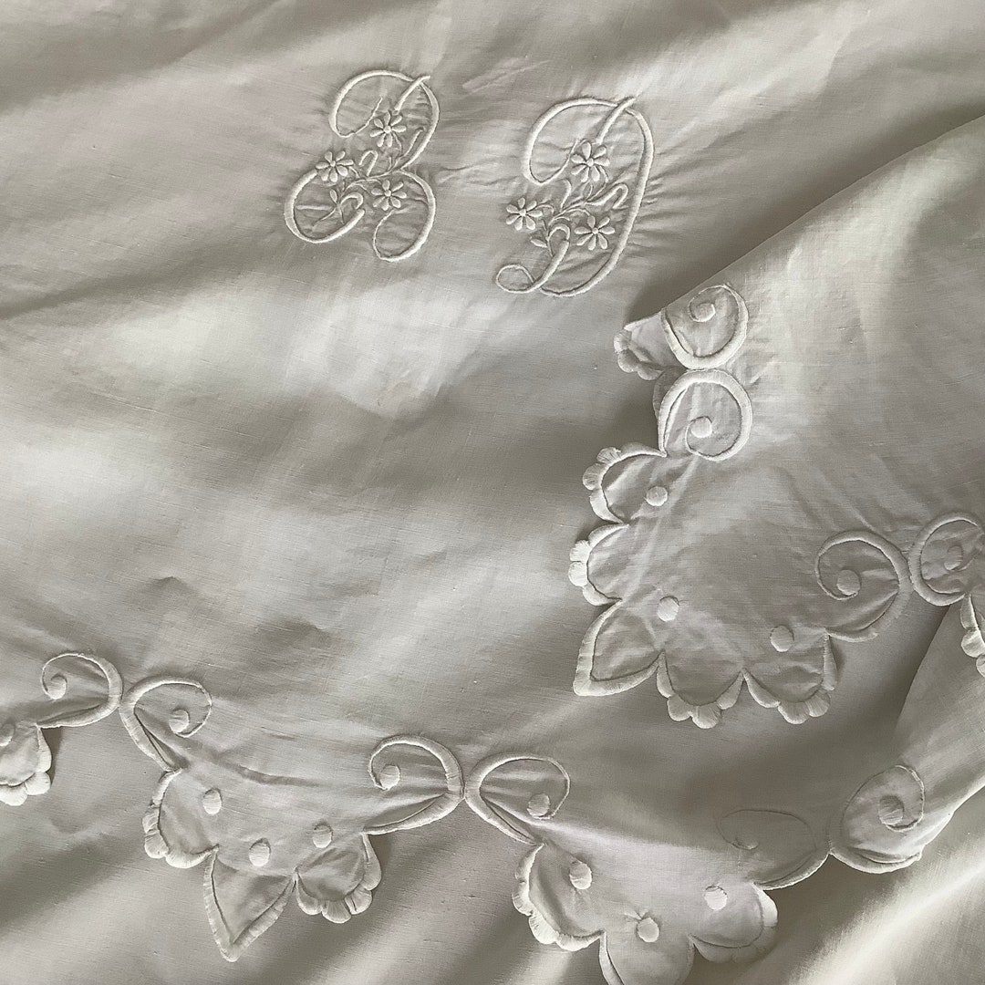 Antique French Linen Hand Embroidered Heirloom Dowry Sheet Monogram "bd ...