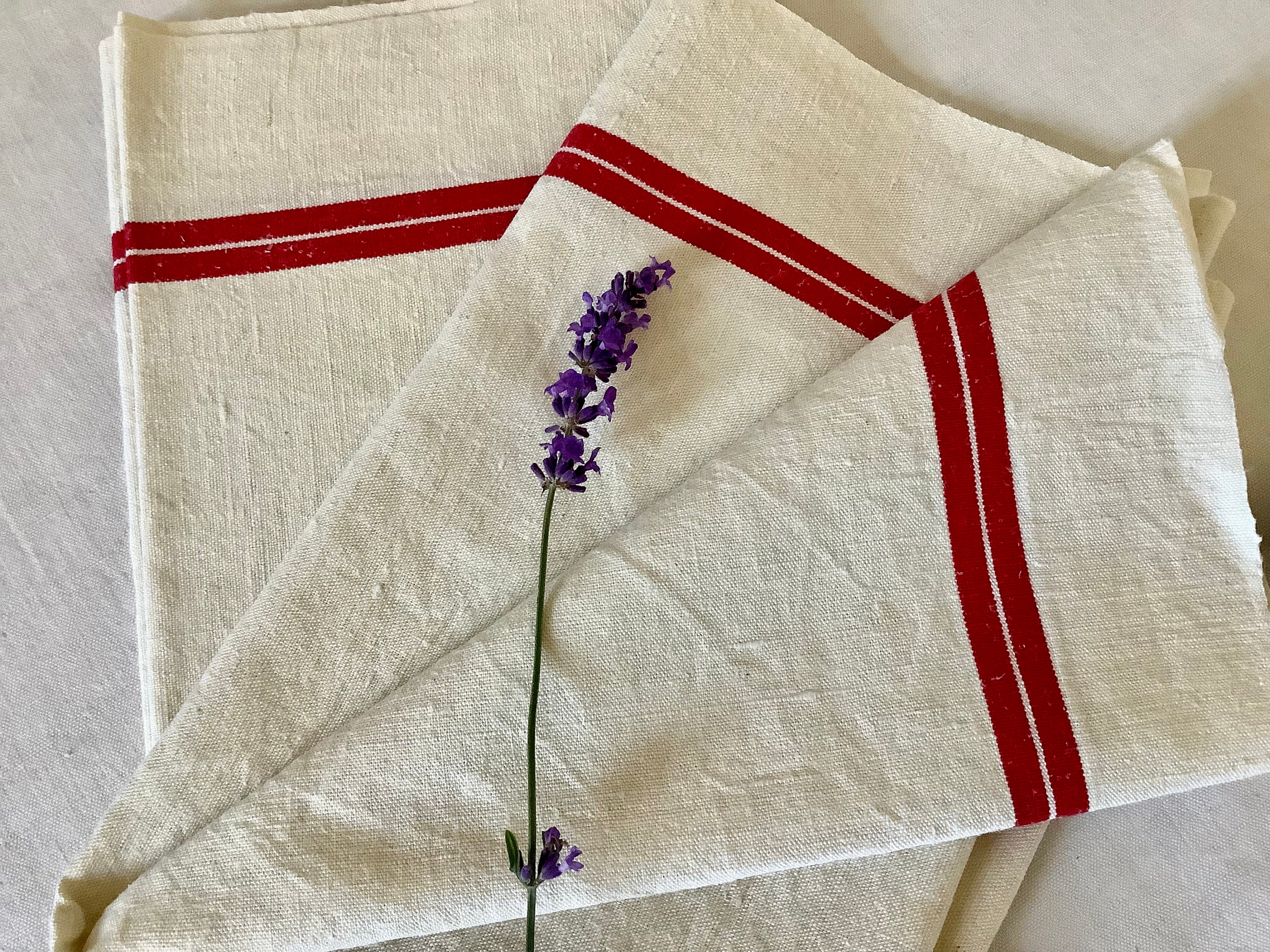 Pair (2) Large French Metis Linen Torchon Tea Kitchen Towel Red Stripes ...