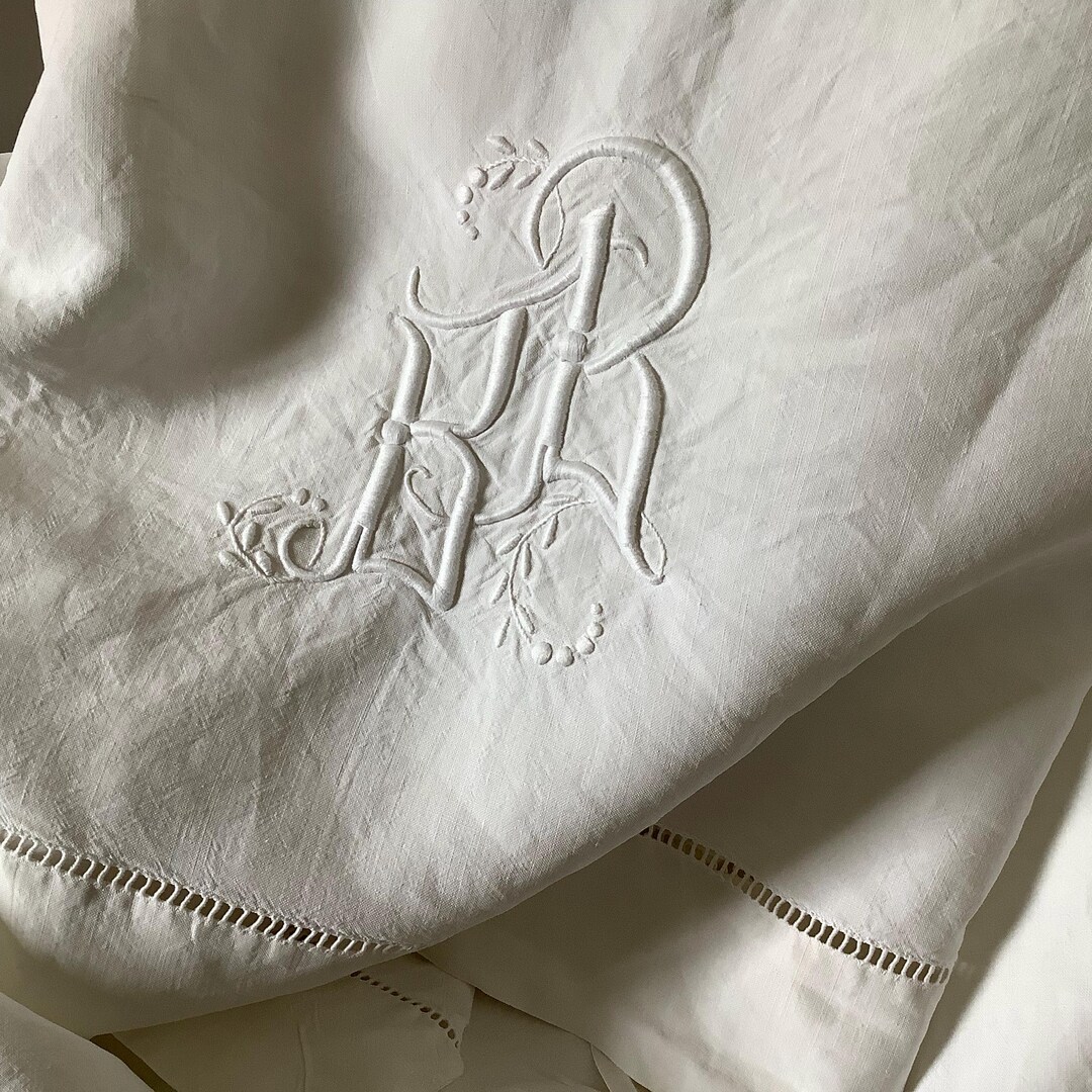 Fabulous Antique French Linen Heirloom Dowry Sheet Hemstitch Monogram ...